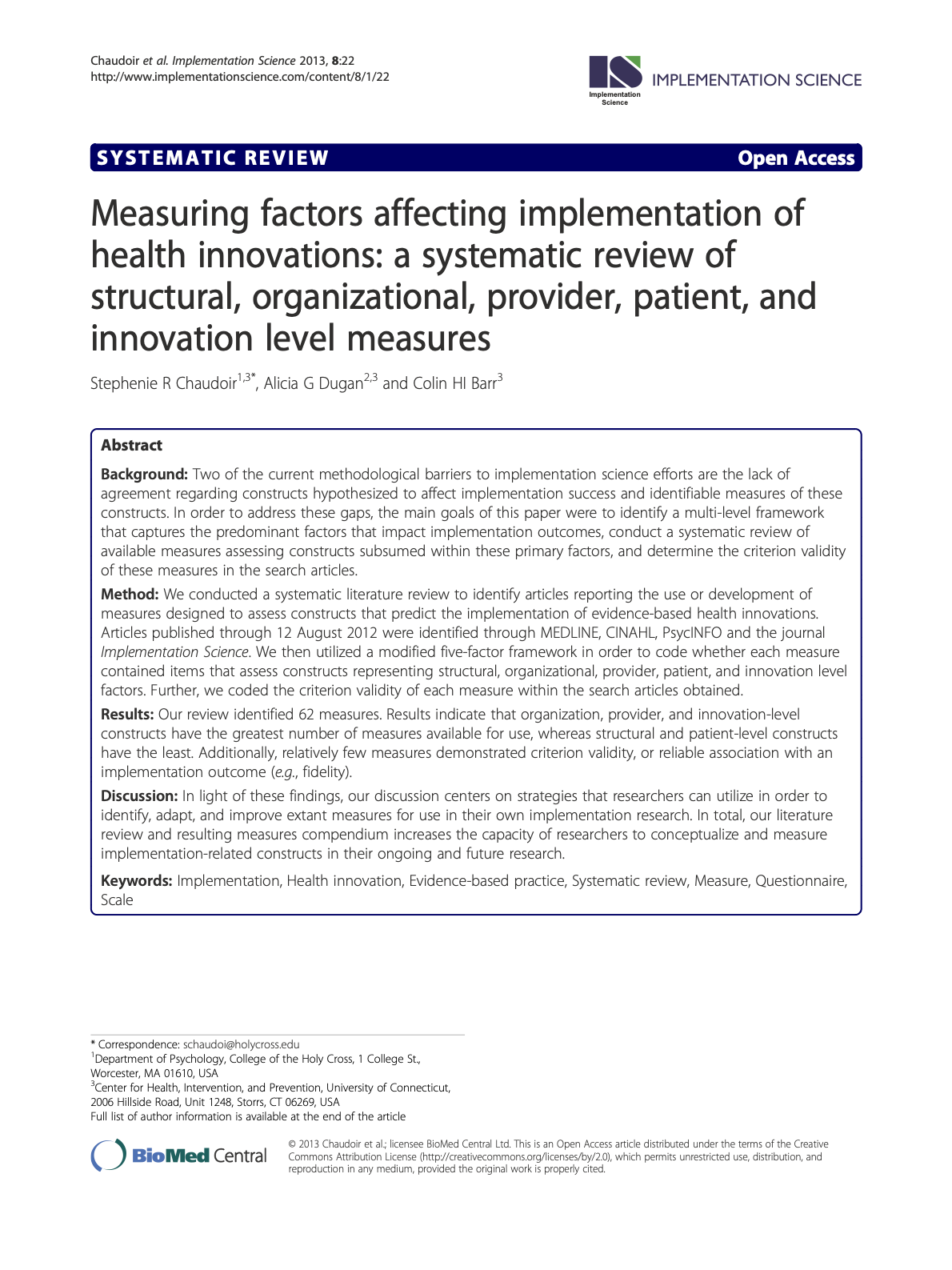 Measuring Factors Affecting Implementation of Health Innovations: A ...