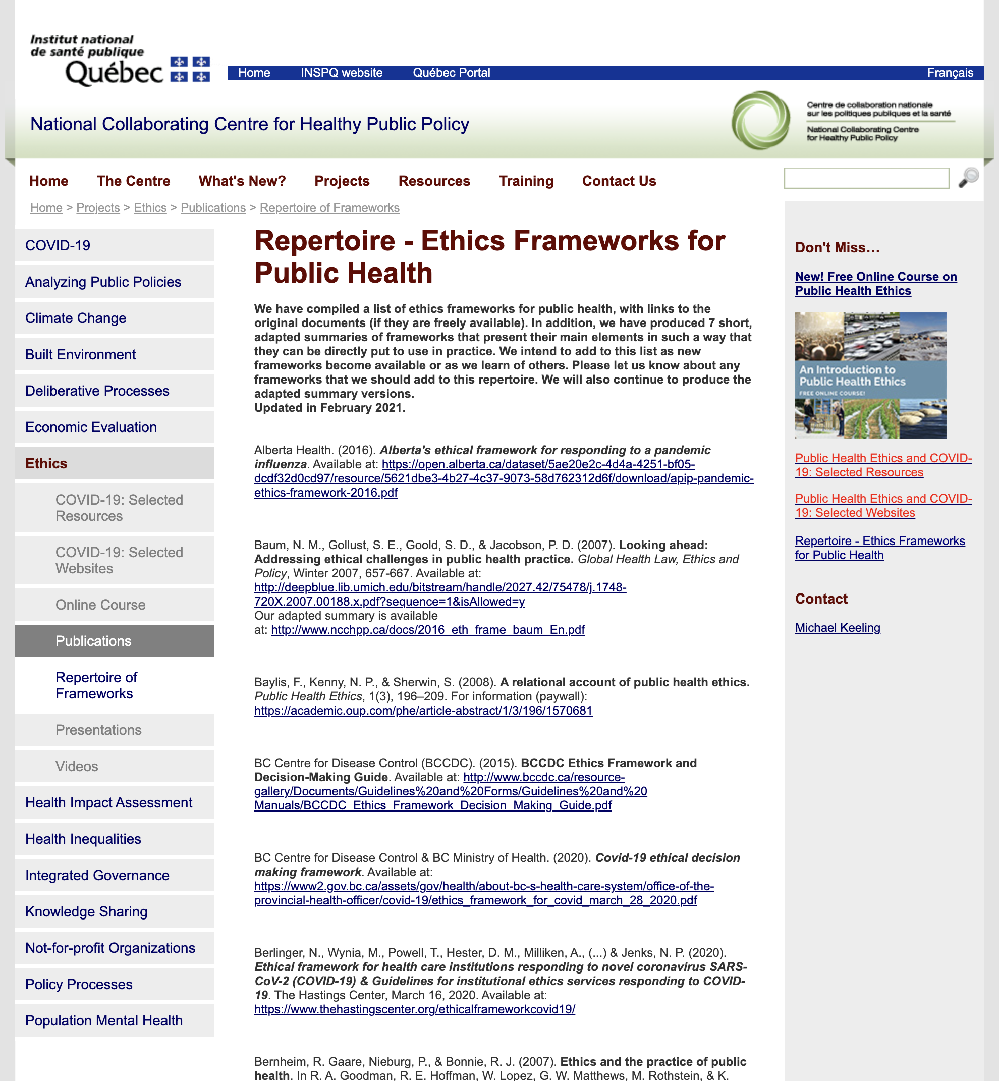 Ethics Frameworks for Public Health Repertoire | Resource Details ...